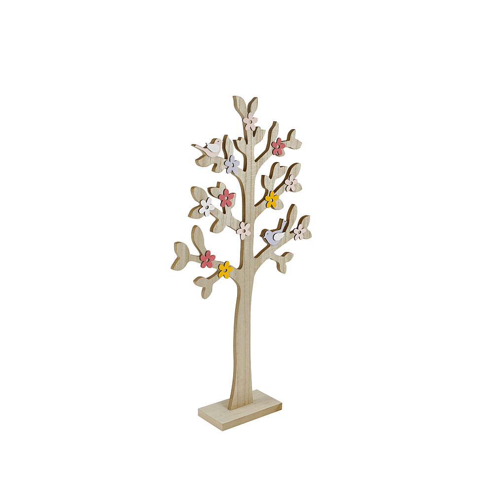 Boom Hout Naturel Met Bloemetjes En Vogels 34x8x61,5cm