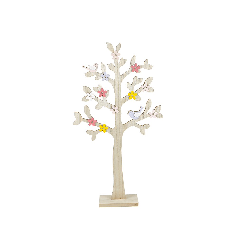 Boom Hout Naturel Met Bloemetjes En Vogels 34x8x61,5cm