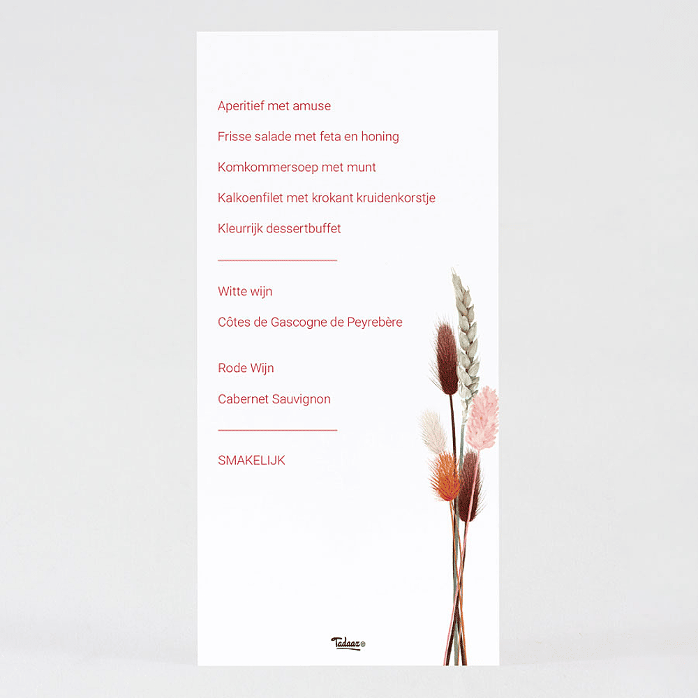 Menukaart met wilde droogbloemen als tafeldecoratie trouw - Mijn ontwerp